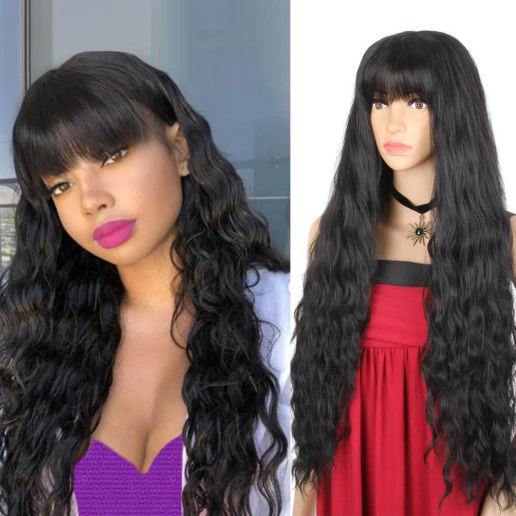 Xtrend 26 Inch Black Wigs With Bangs Synthetic Heat Resistant Curly Wa ...