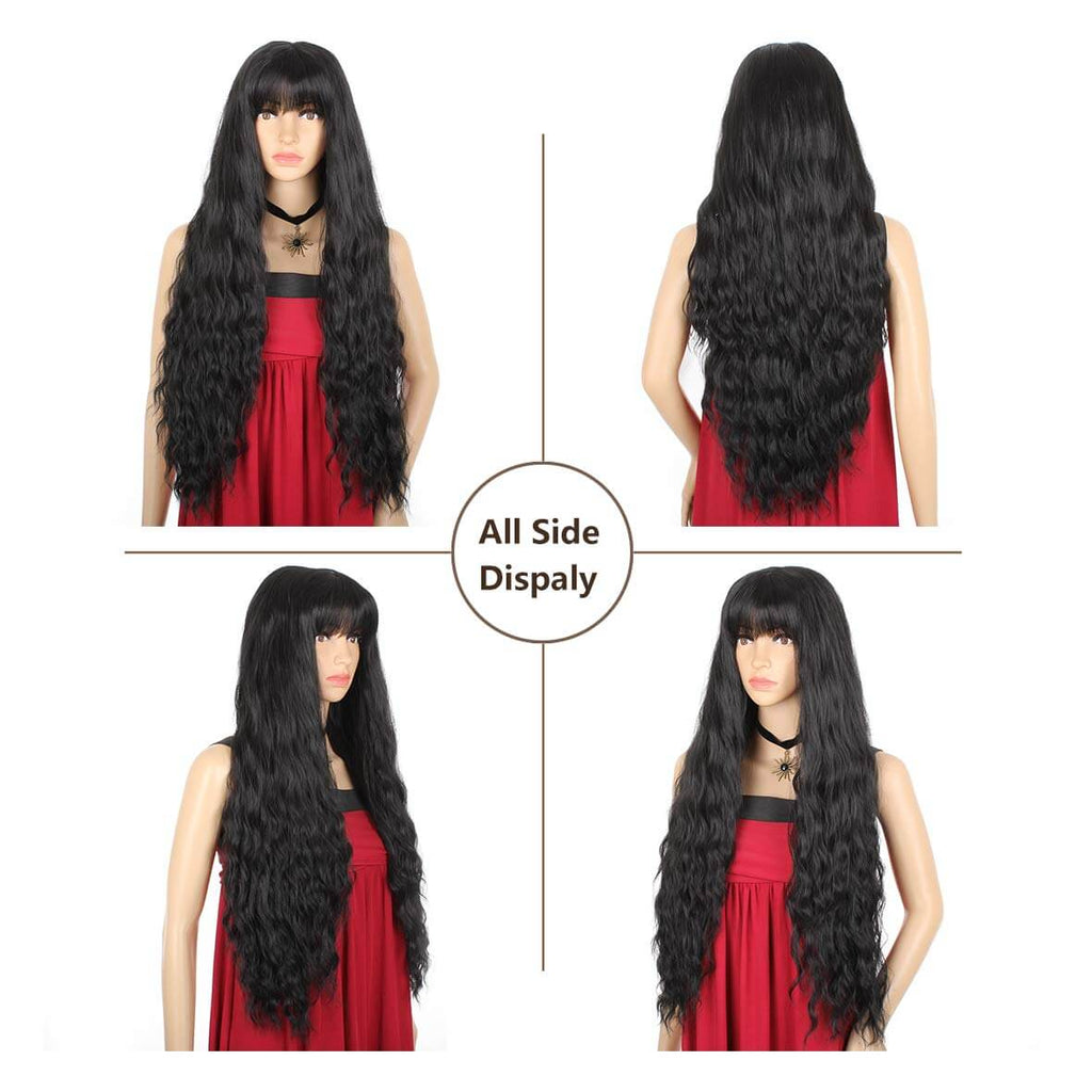 Xtrend 26 Inch Black Wigs With Bangs Synthetic Heat Resistant Curly Wa ...